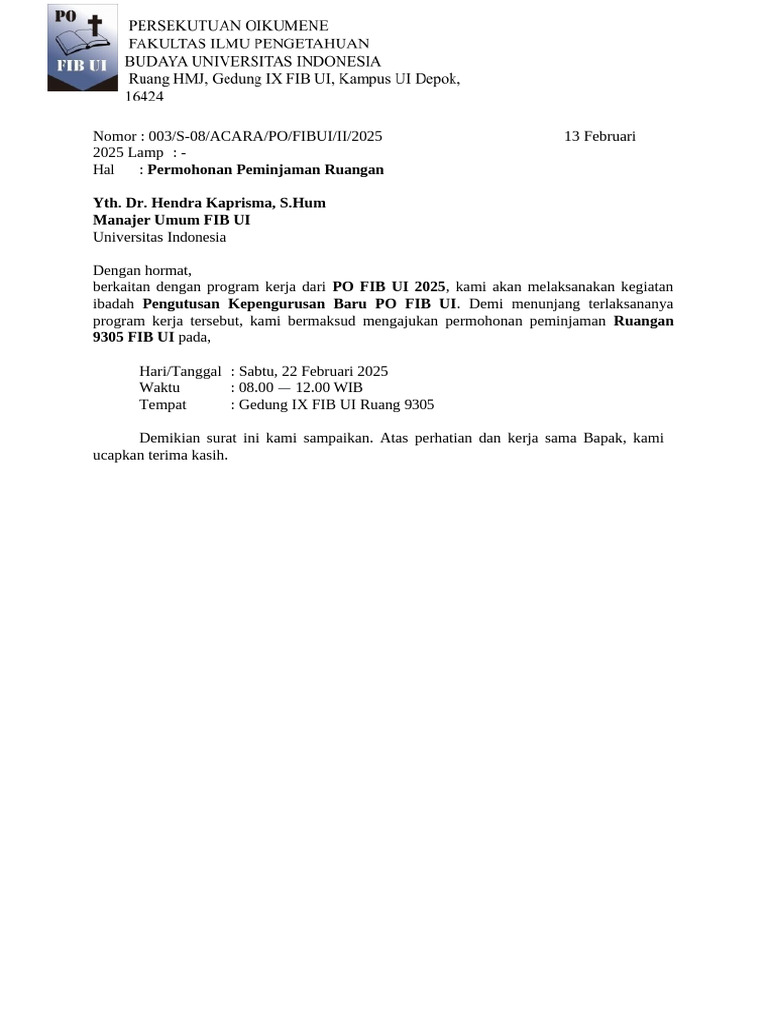 Surat Peminjaman Ruangan Ibadah Pengutusan Kepengurusan Baru PO FIB ...