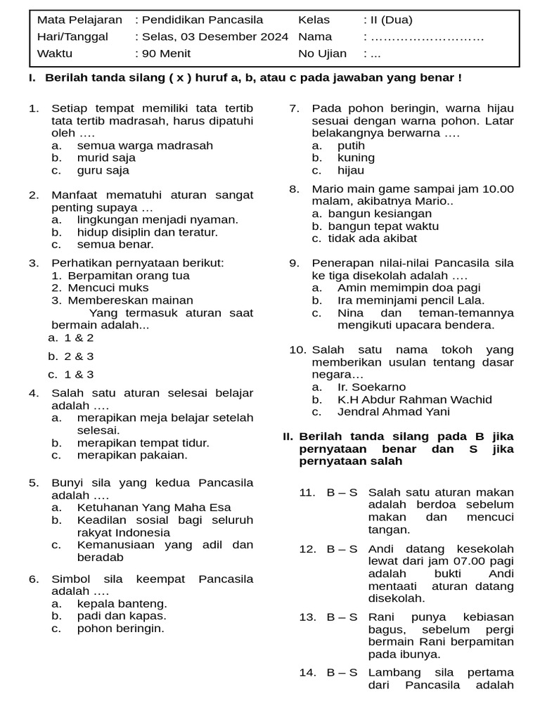 Soal Pend. Pancasila Kls 2 | PDF
