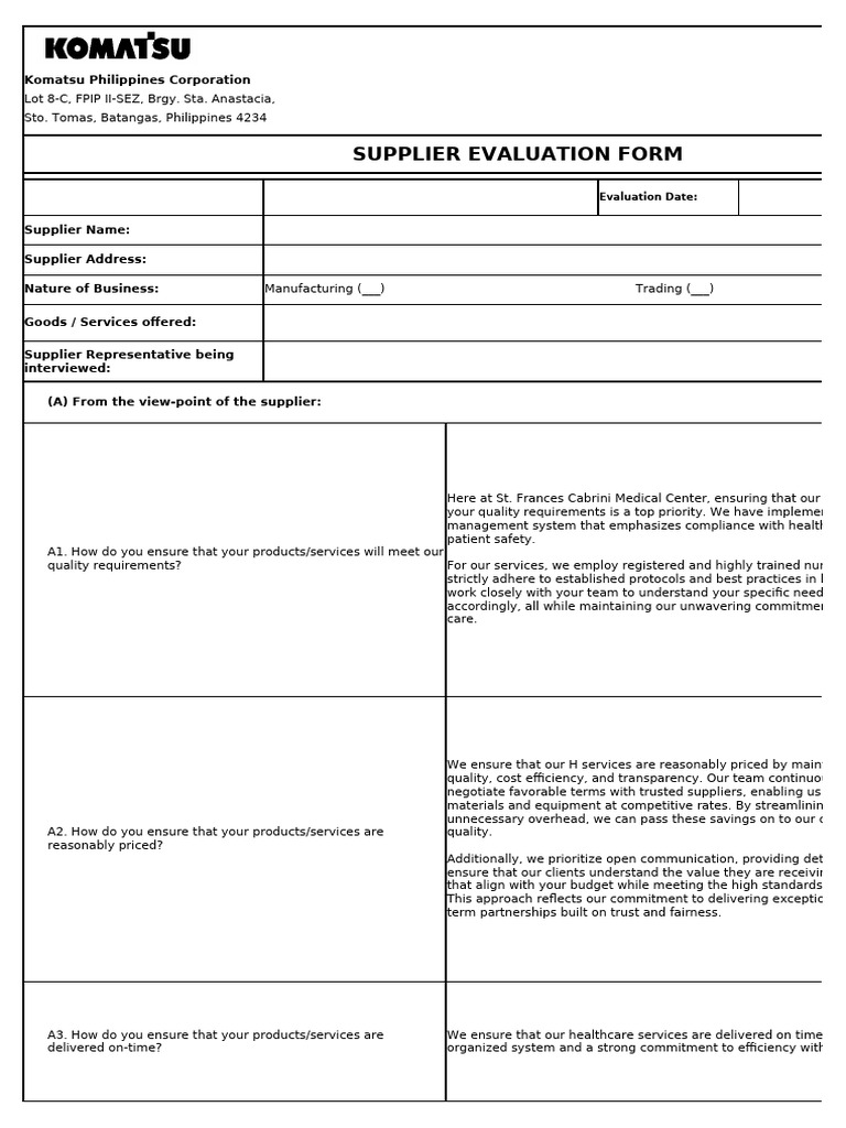 KPC Supplier Evaluation Form | PDF | Health Care | Public Services