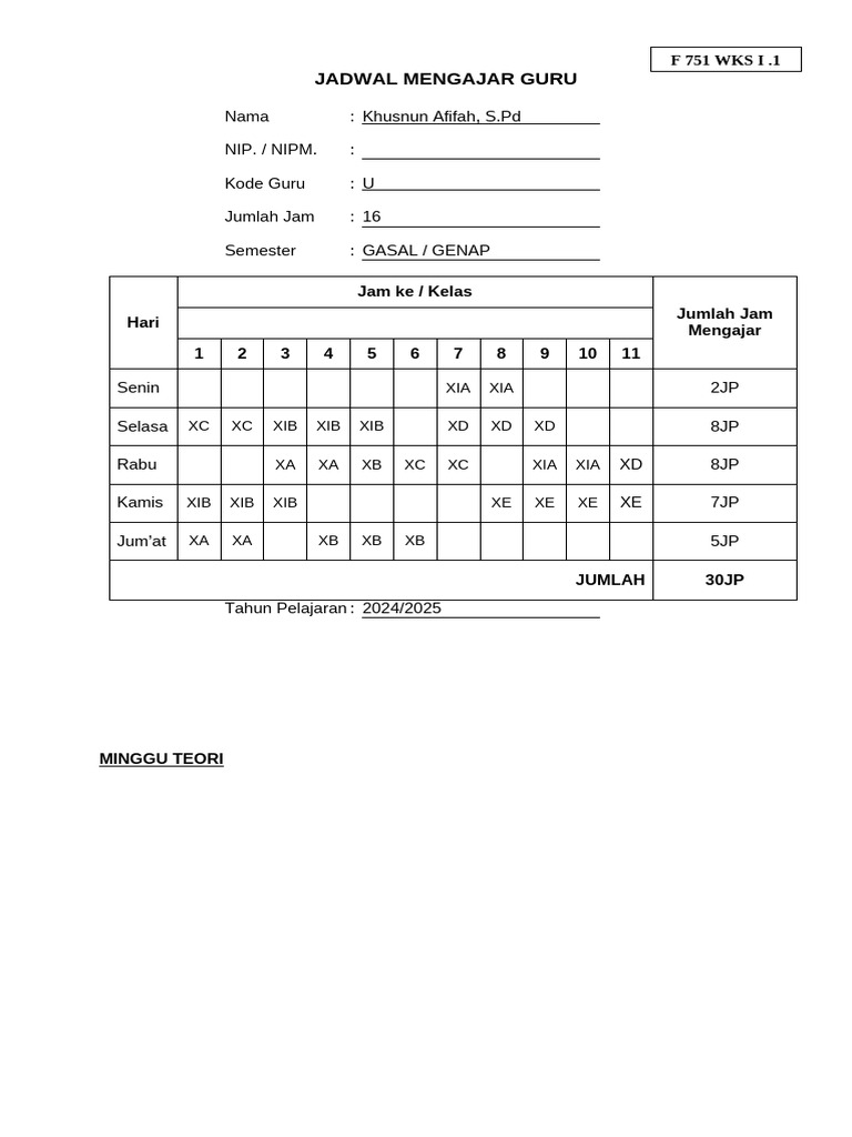 Form JADWAL MENGAJAR GURU | PDF