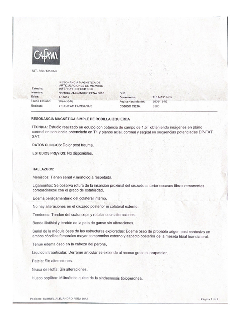 Diagnostico resonancia Nahuel | PDF