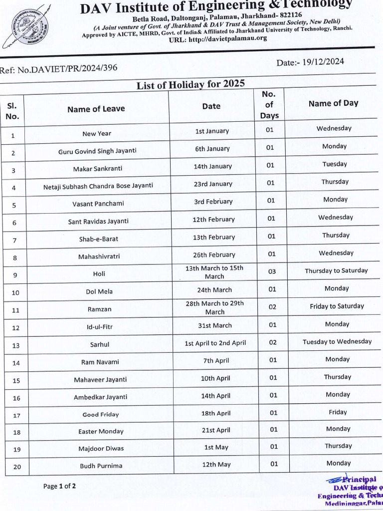 List of Holidays For 2025 | PDF