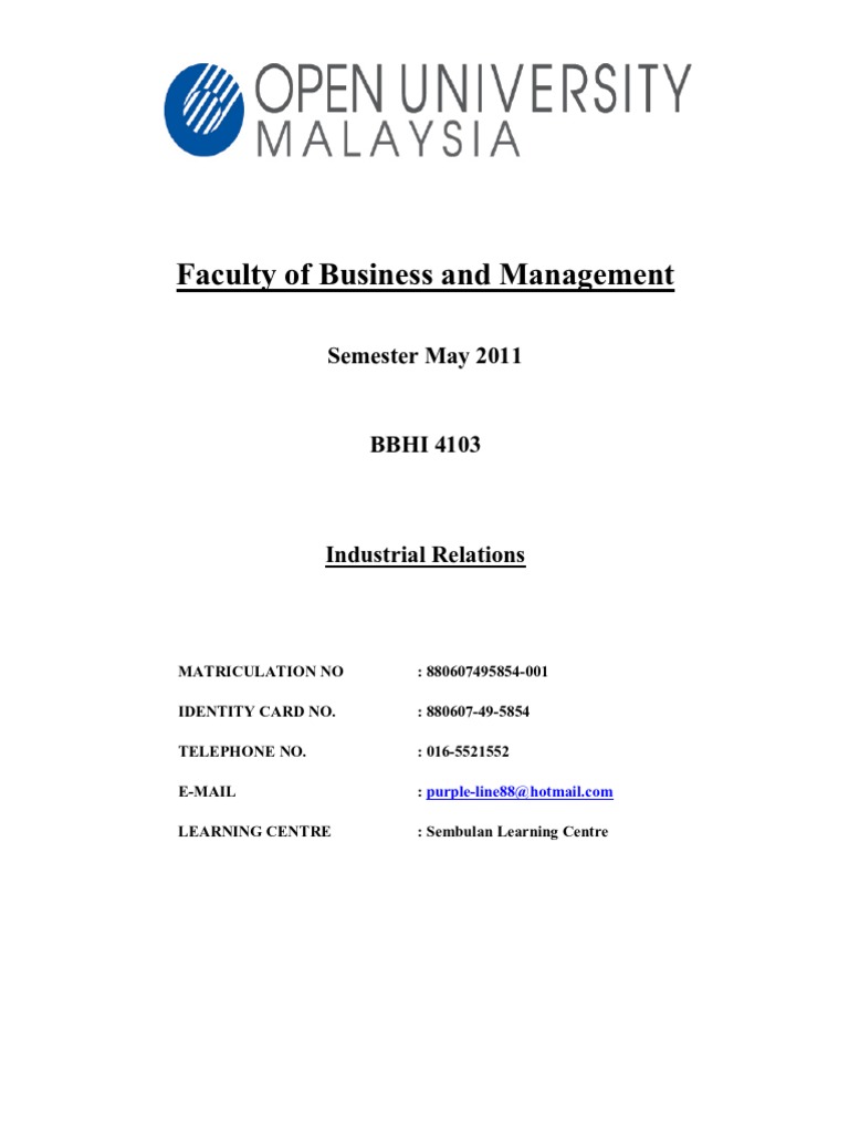 BBHI4103 Industrial Relation Assignments | PDF
