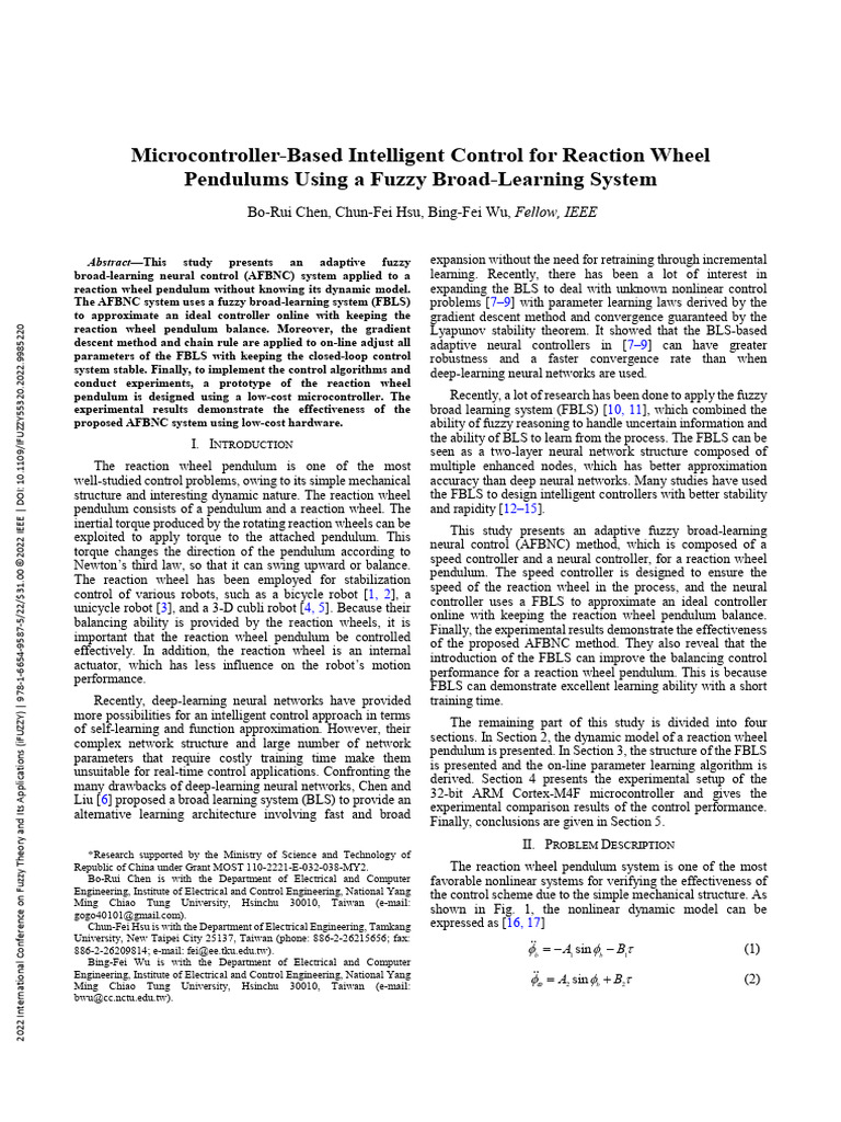 Microcontroller-Based Intelligent Control for Reaction Wheel Pendulums Using a Fuzzy Broad ...