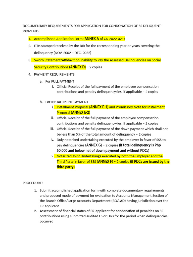 Documentary Requirements For Application For Condonation of SS ...