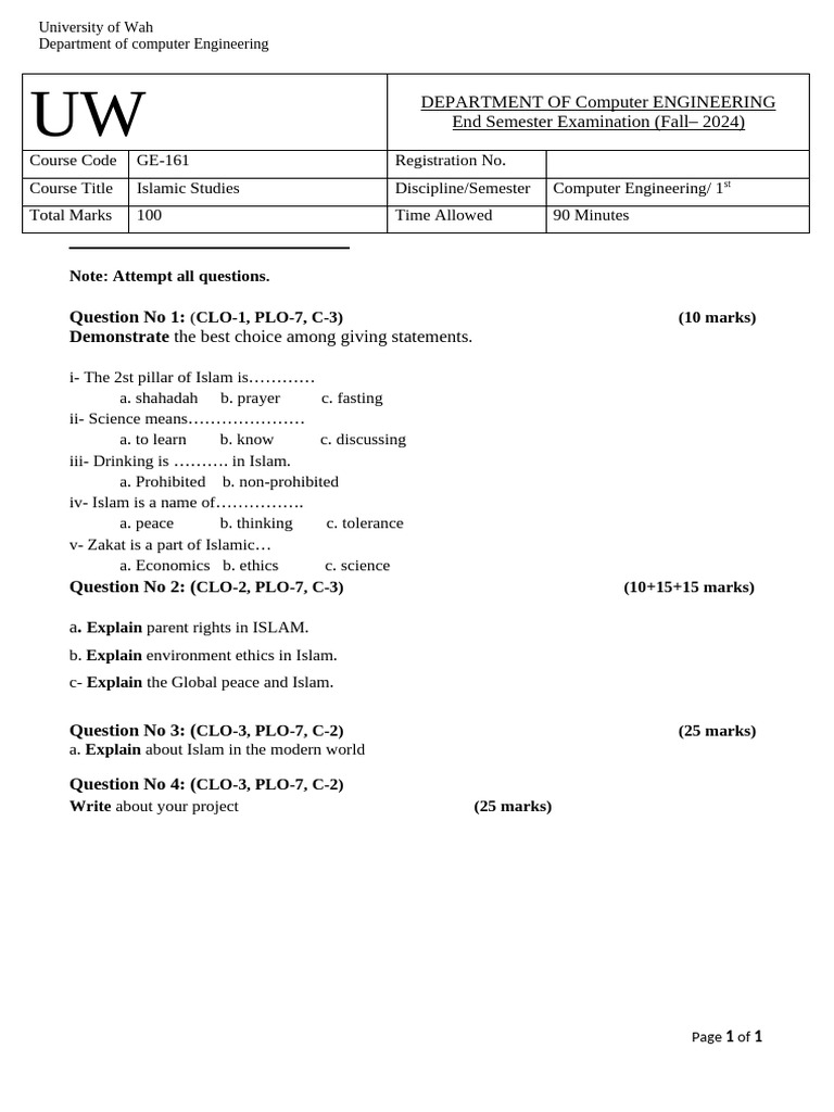 END Term Islamic Studies CMPE Fall 2024 | PDF