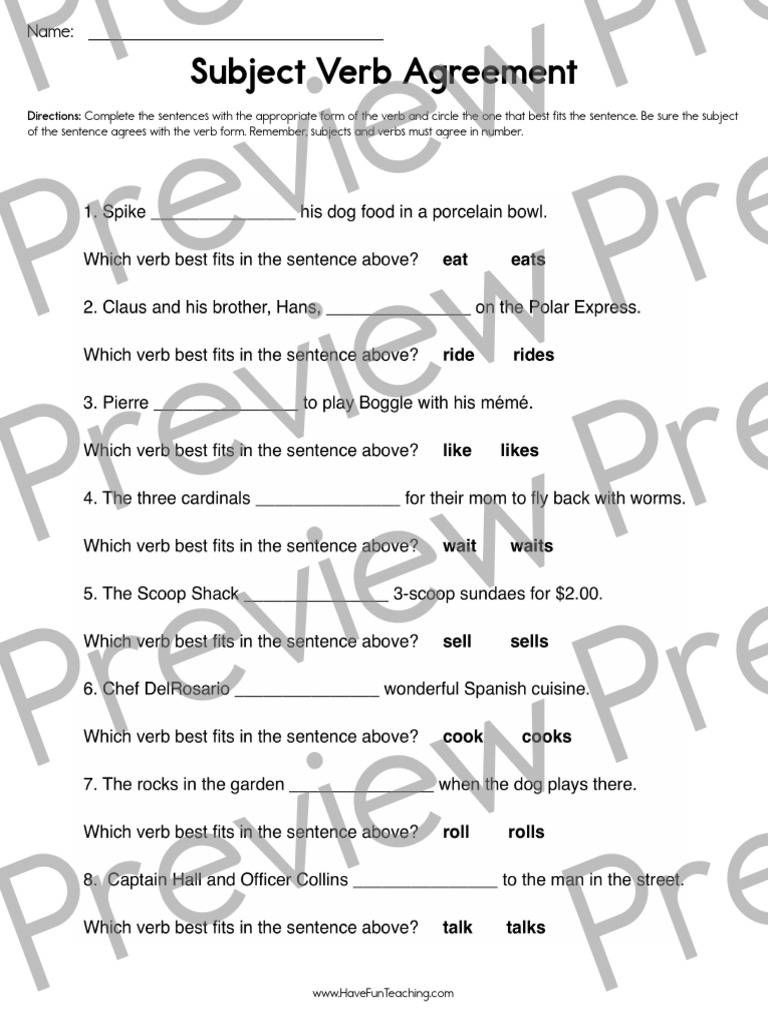 Subject Verb Agreement Worksheet Preview | PDF