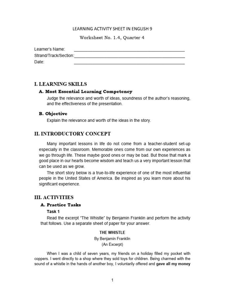 GRADE-9-ENGLISH-Q4-LAS-1.4 | PDF | Learning
