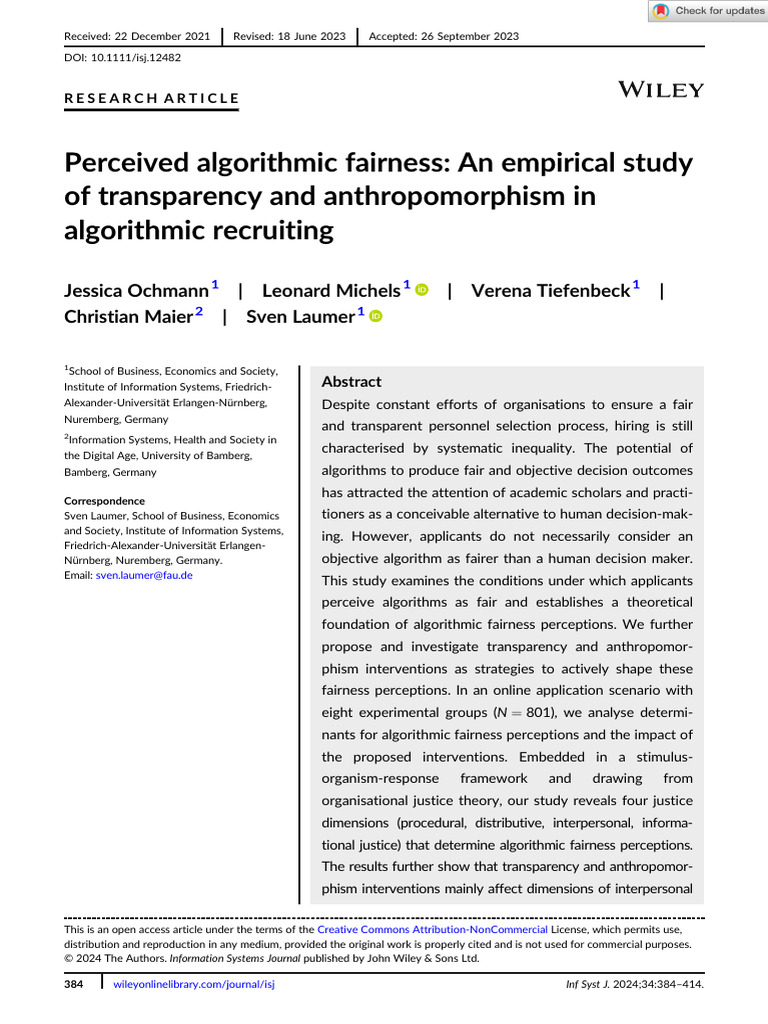 Information Systems Journal - 2024 - Ochmann - Perceived Algorithmic Fairness An Empirical Study ...
