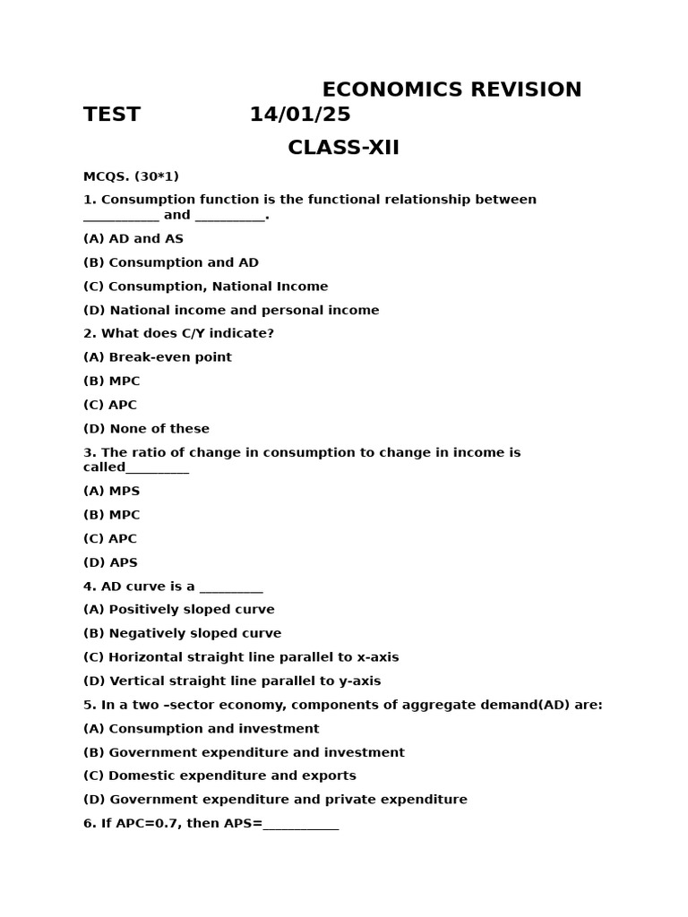 ECONOMICS REVISION TEST - Batch 2 | PDF | Consumption (Economics ...