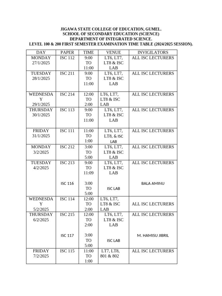 Isc Exam Timetable 1st Semester 2024-2025 Session | PDF