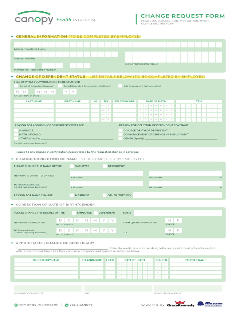 Canopy Insurance Change Request Form | PDF | Alcoholism | Hiv/Aids