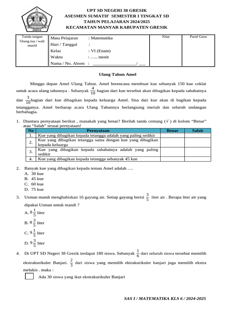 Soal SAS I MTK Kls 6 2024-2025 | PDF