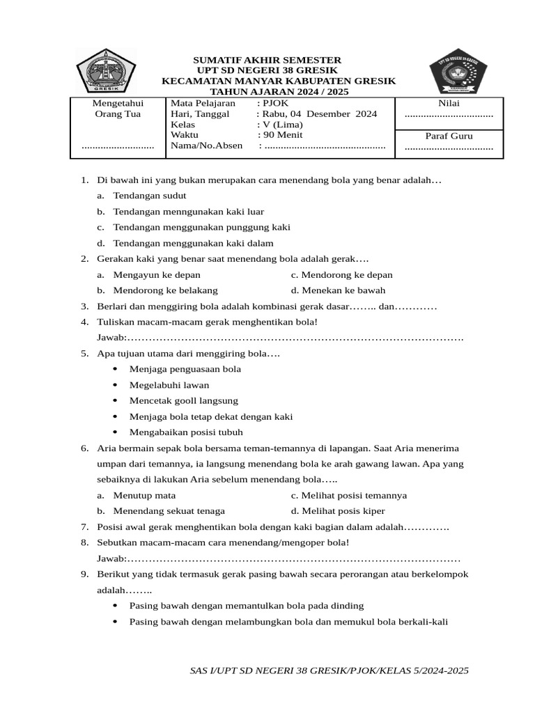 Soal SAS Ganjil PJOK Kelas 5 Edit | PDF