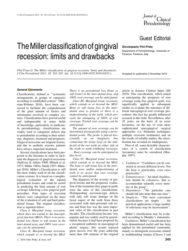 The Miller Classification of Gingival Recession Pini Prato | PDF ...