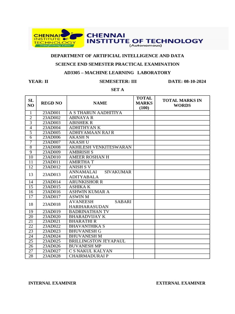 ML Lab Marks Dummy Sheets | PDF