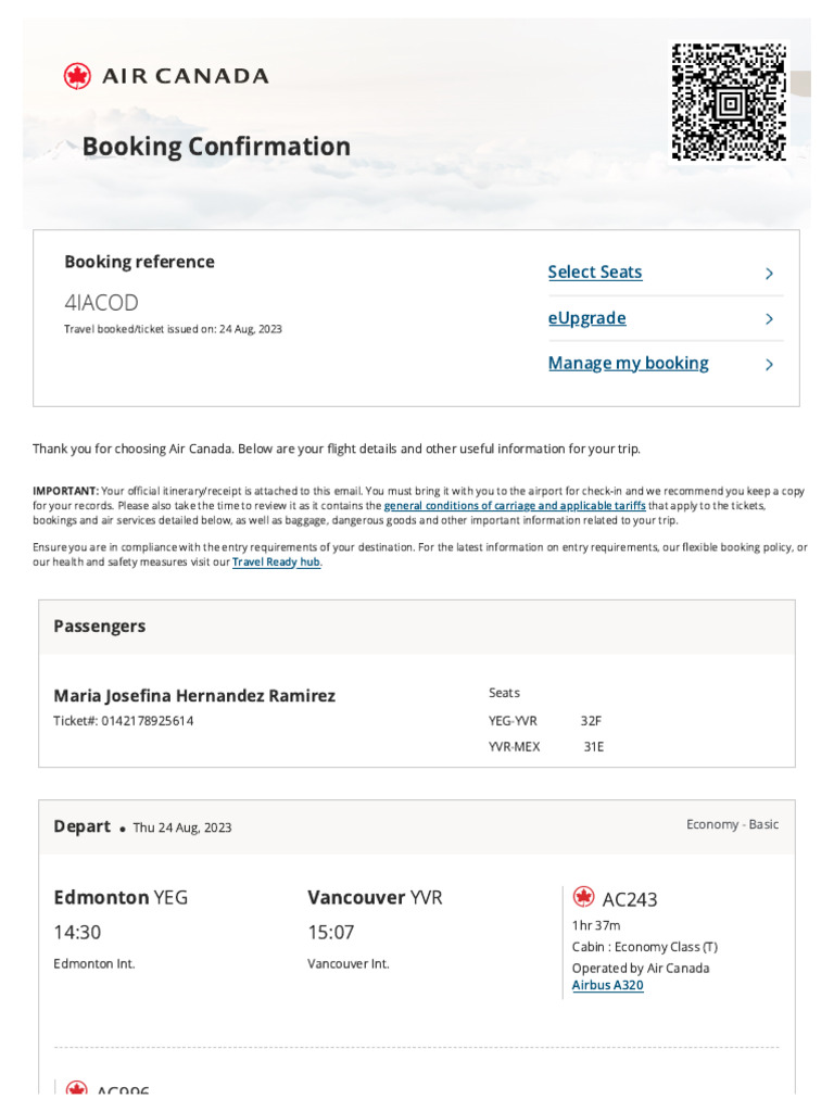 Air Canada - Booking Confirmation | PDF | Baggage | Fee