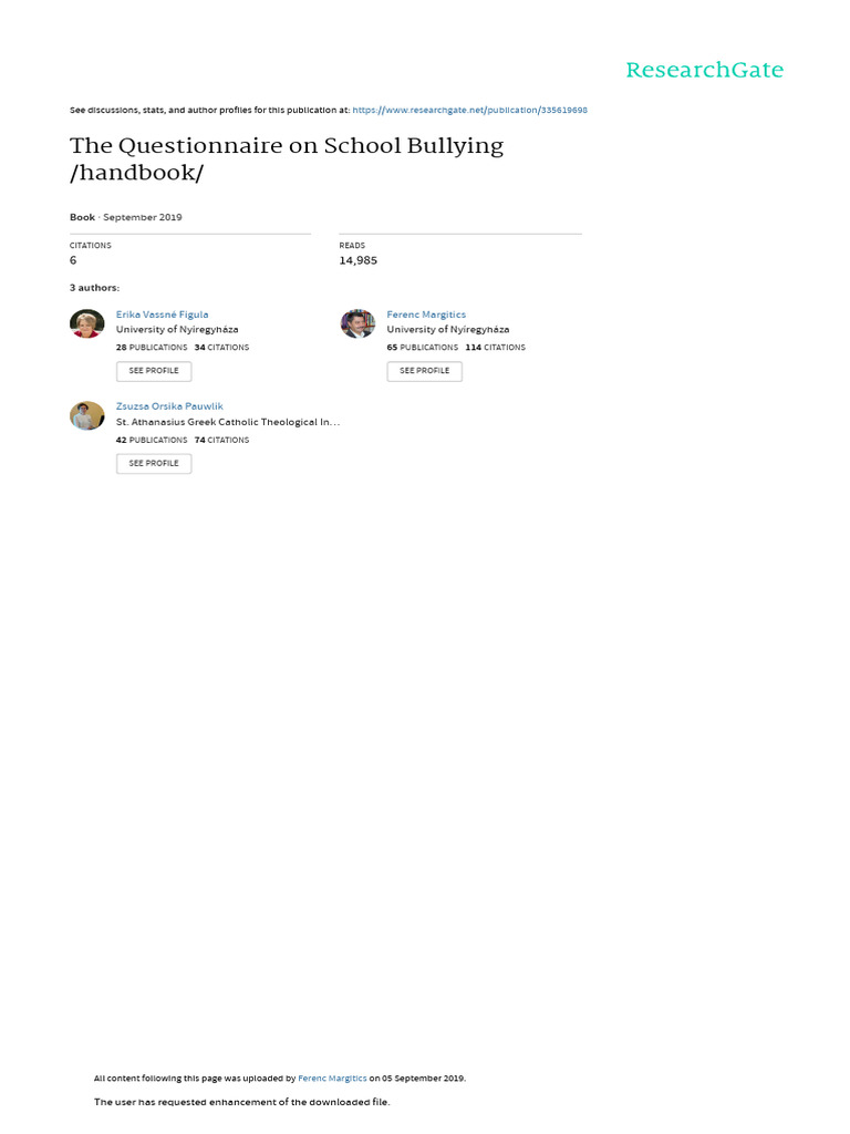 The Questionnaire On School Bullying Handbook | PDF | Bullying | Aggression