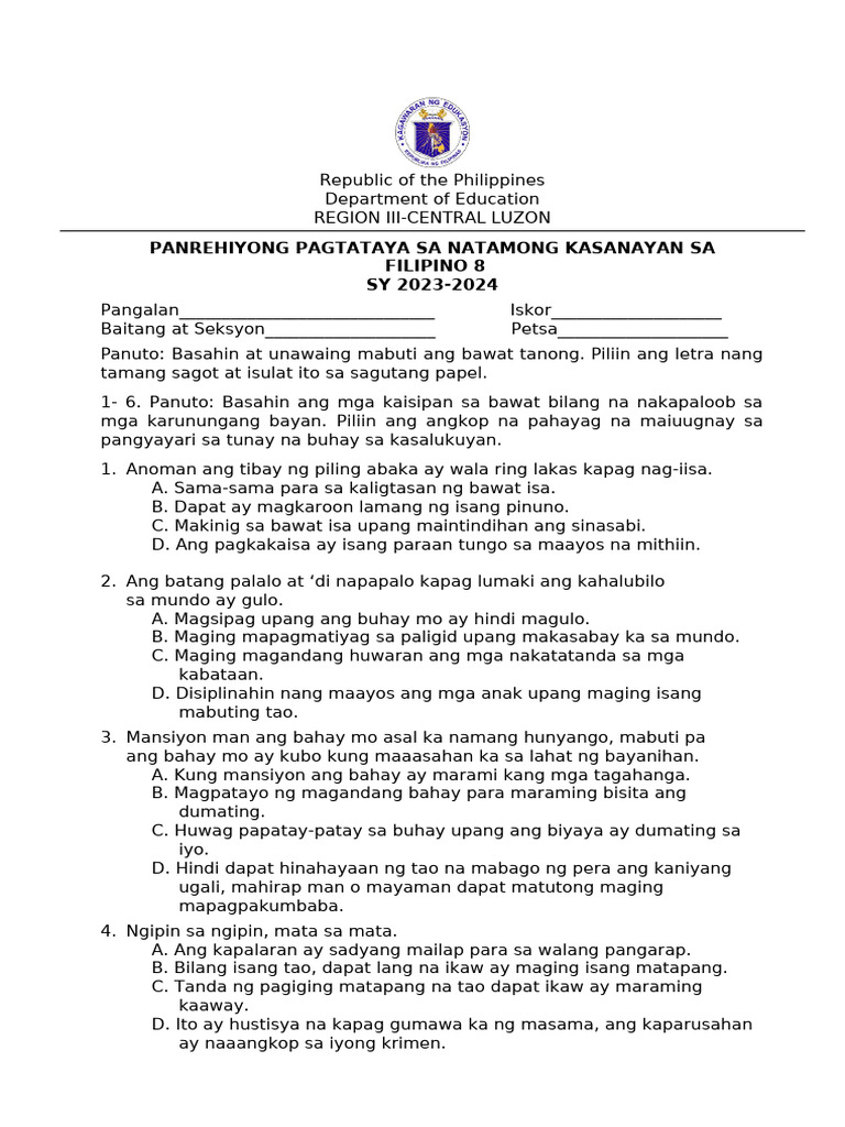 Filipino8 Rat 2024 Finalized | PDF