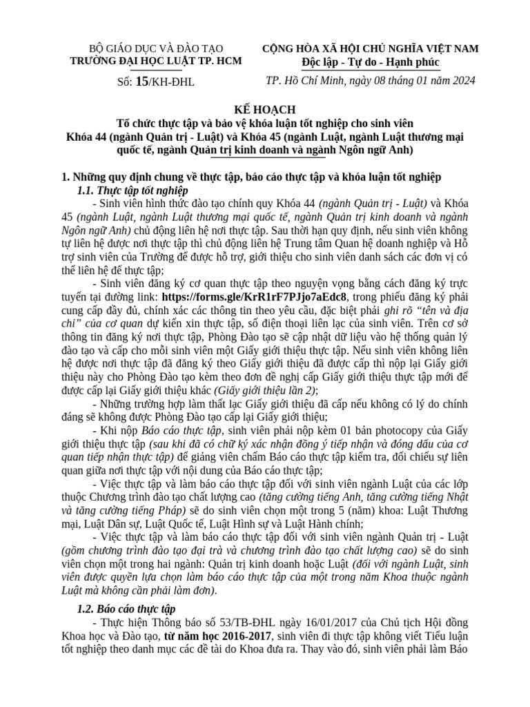 KH - 15 - 08.01.2024 - Ke Hoach Thuc Tap - Khoa 45 - Chinh Thuc - Dang Website | PDF