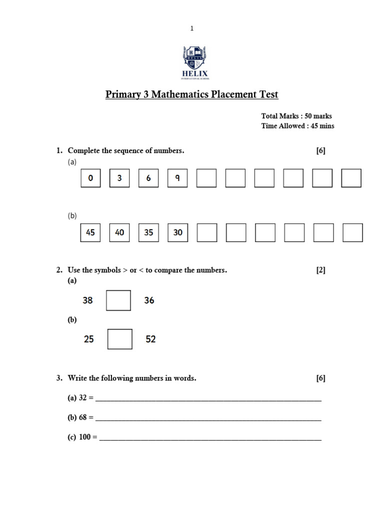 Primary 3 Mathematics Placement Test | PDF