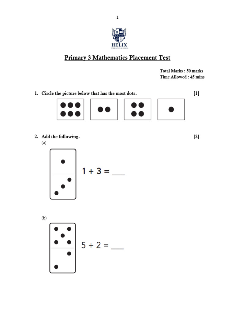Primary 3 Mathematics Placement Test | PDF