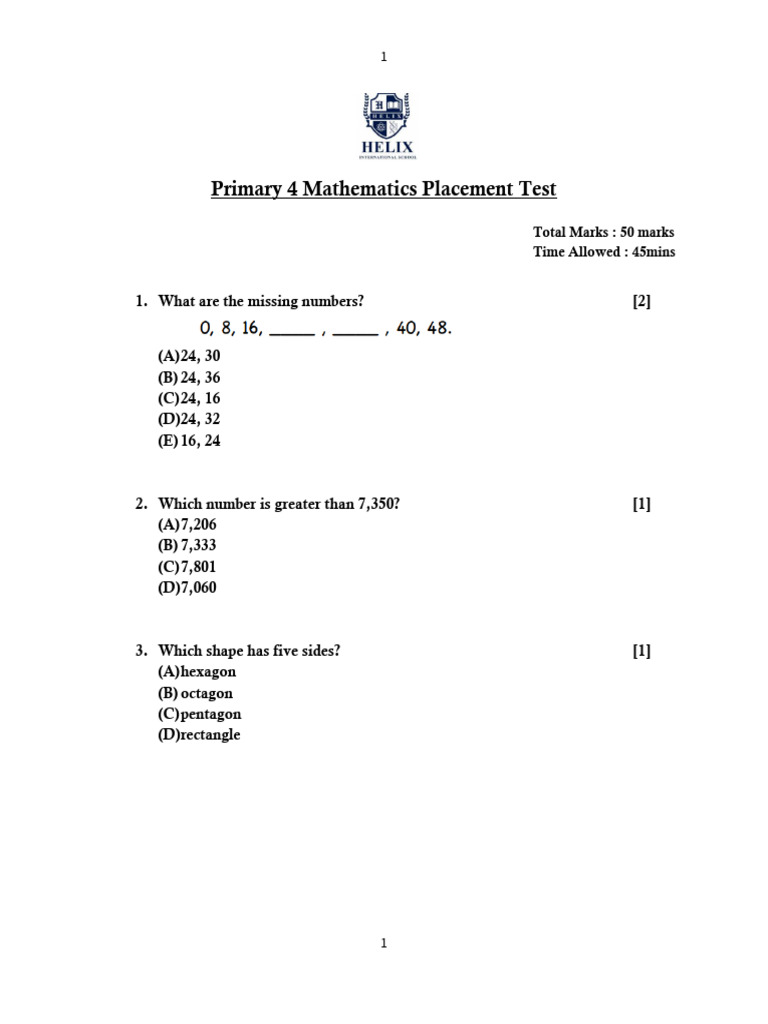 Primary 4 Mathematics Placement Test | PDF | Shape | Classical Geometry