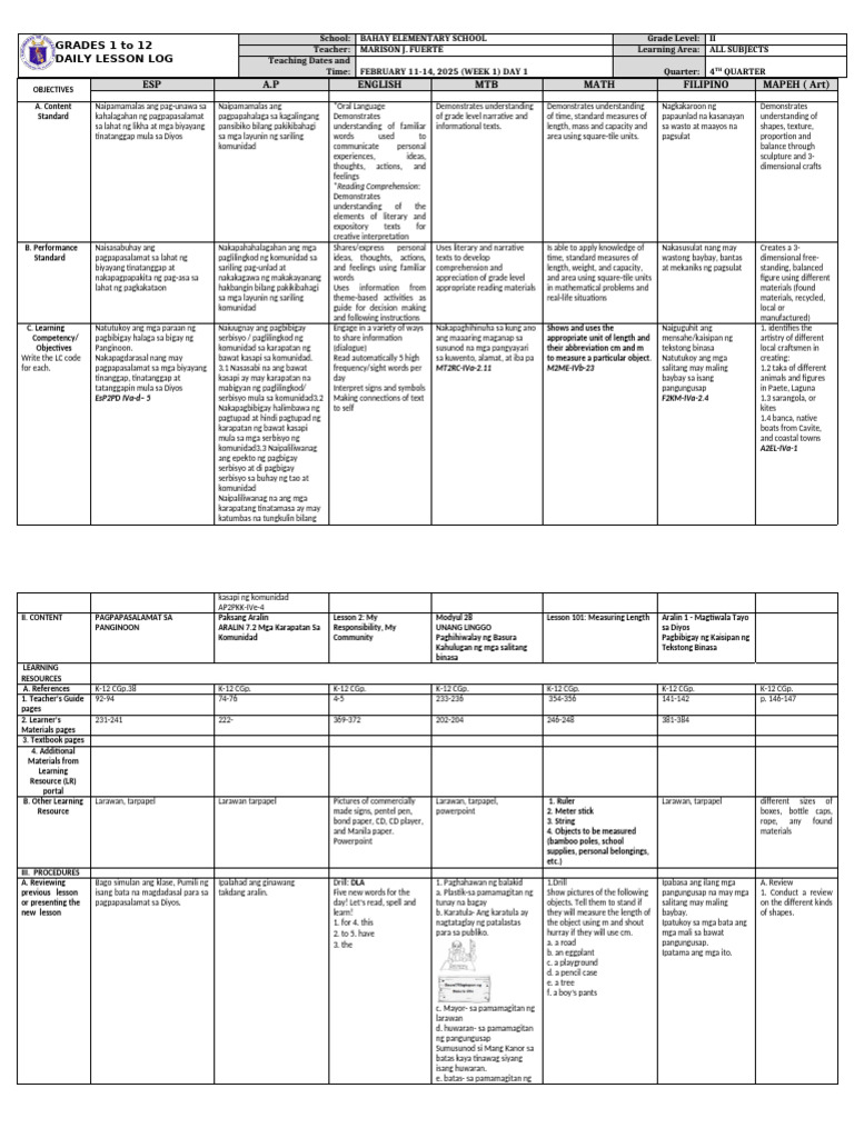 DLL_ALL SUBJECTS 2_Q4_W1_D1 | PDF