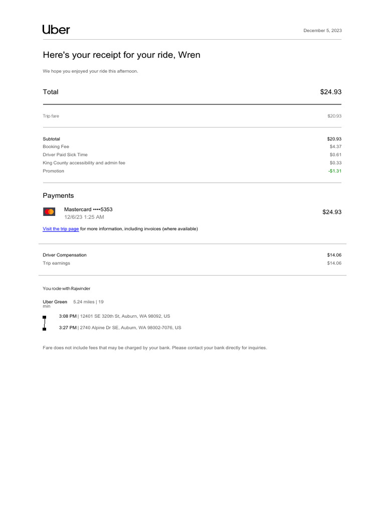 Receipt Uber 12-5-23 Home | PDF