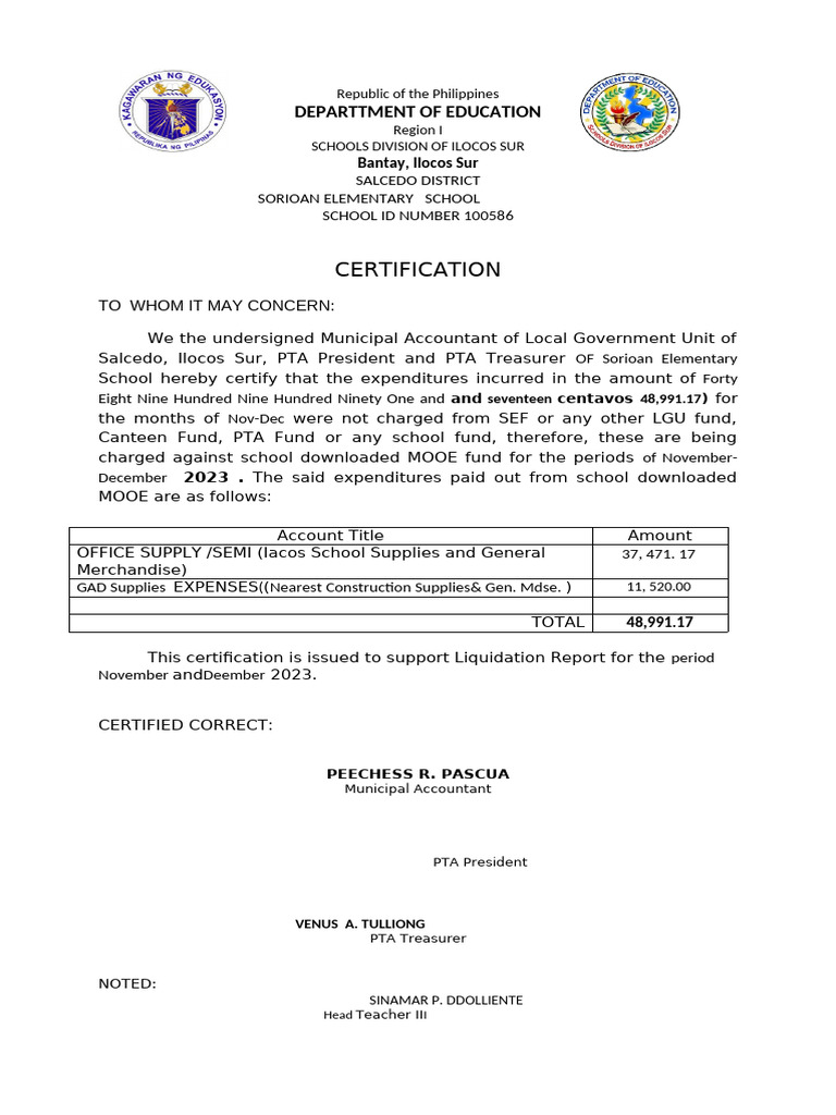 MOOE CERTIFICATION may -june2023 final | PDF