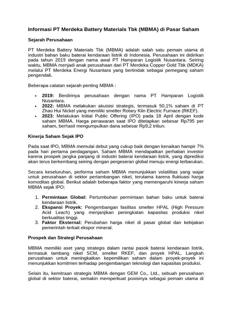Informasi PT Merdeka Battery Materials TBK | PDF
