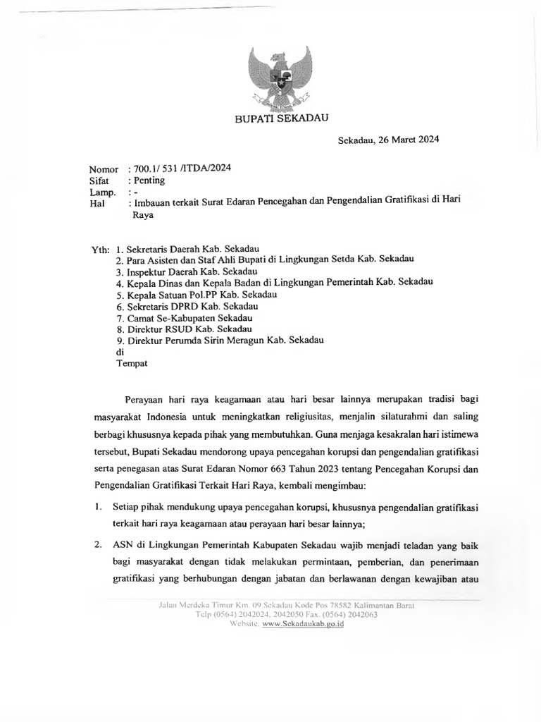 152 Imbauan Terkait Surat Edaran Pencegahan Dan Pengendalian Gratifikasi Di Hari Raya | PDF