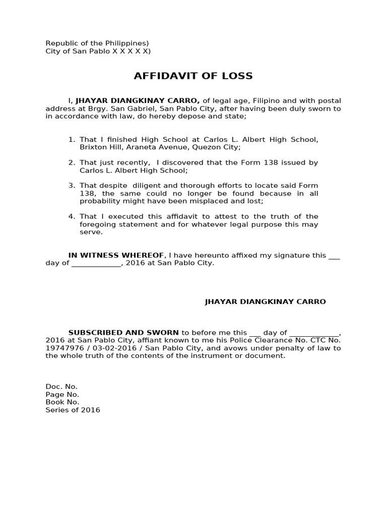Affidavit of Loss Form 138 Sample | PDF