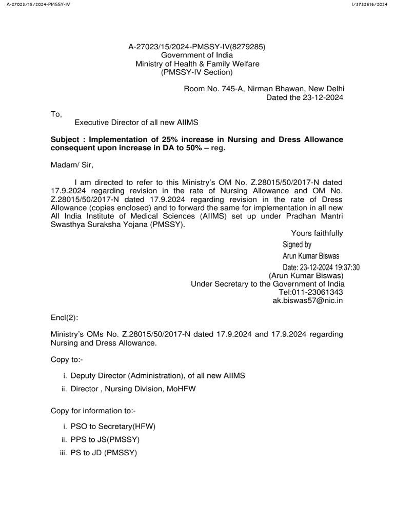 Increase in Nursing and Dress Allowance in All New AIIMS | PDF ...