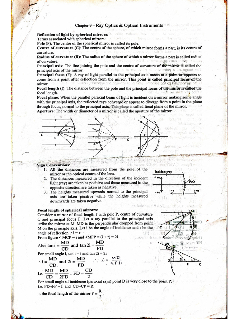 Chapter 9 - Ray Optics & Optical Instruments | PDF