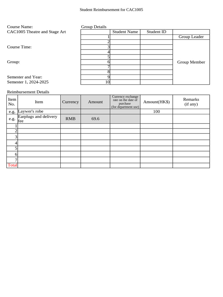 Student Reimbursement - Summary Table | PDF