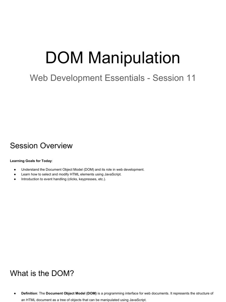 Session 11 DOM Manipulation | PDF | Document Object Model | Web Development