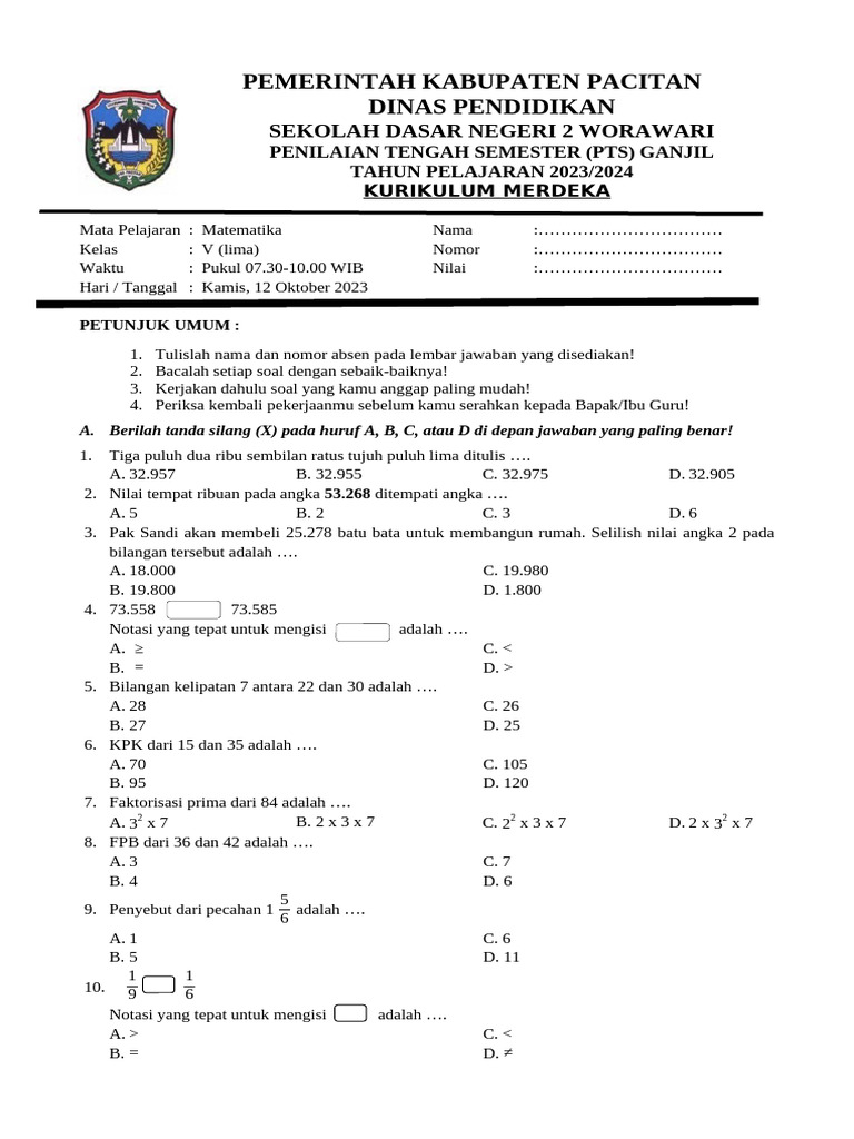 Naskah STS MTK SMT Ganjil Kelas 5 2023 - 2024 | PDF
