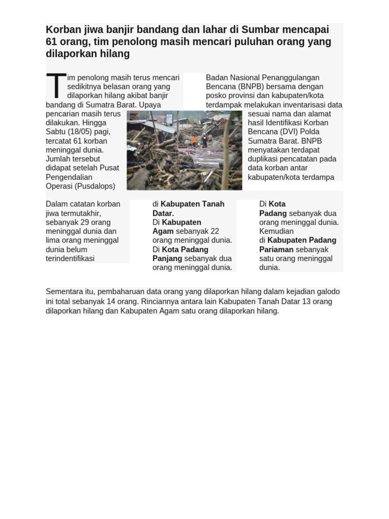 Korban Jiwa Banjir Bandang Dan Lahar Di Sumbar Mencapai 61 Orang | PDF