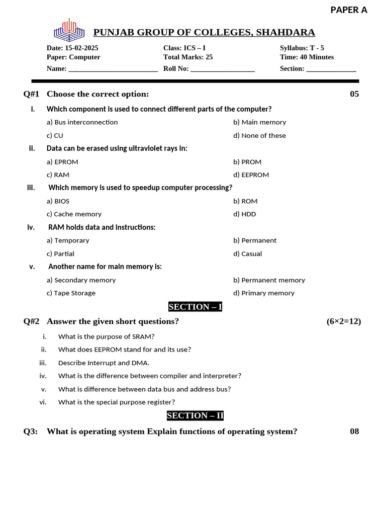 Computer Exam Paper for ICS – I | PDF