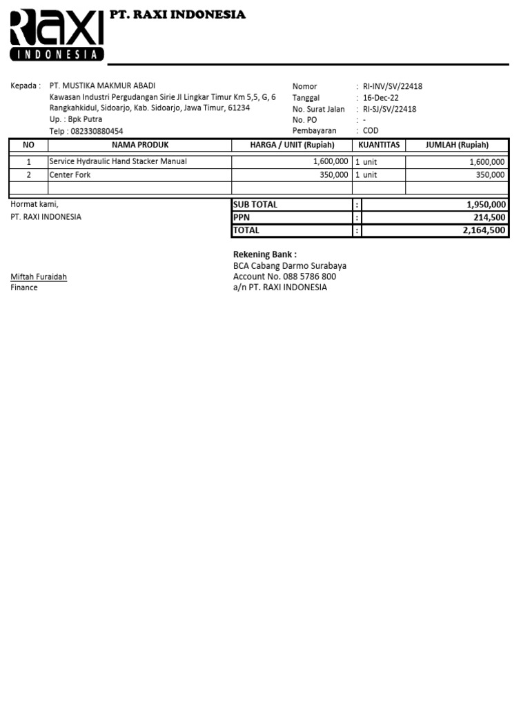 418. Proforma Invoice PT. MUSTIKA MAKMUR ABADI (Service Hand Stacker ...
