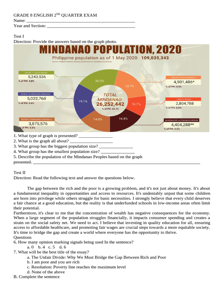 Grade 8 English Exam: Opinion & Graphs | PDF | Economic Inequality | Discrimination & Race Relations