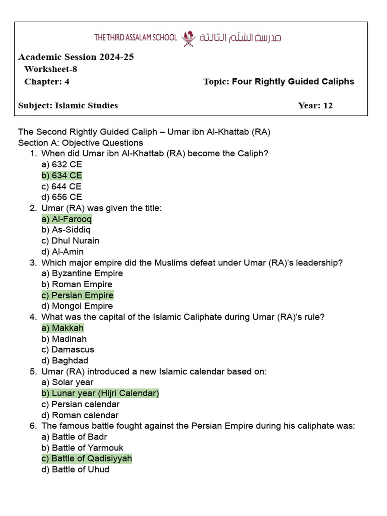 Y-12 Assignment For Four Rightly Guided CAliphs | PDF | Ali | Umar