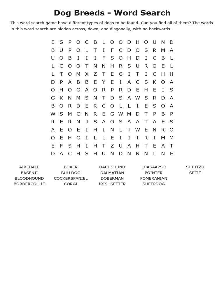 Dog Breeds Word Search | PDF | Dog Breeding | Dog Breeds