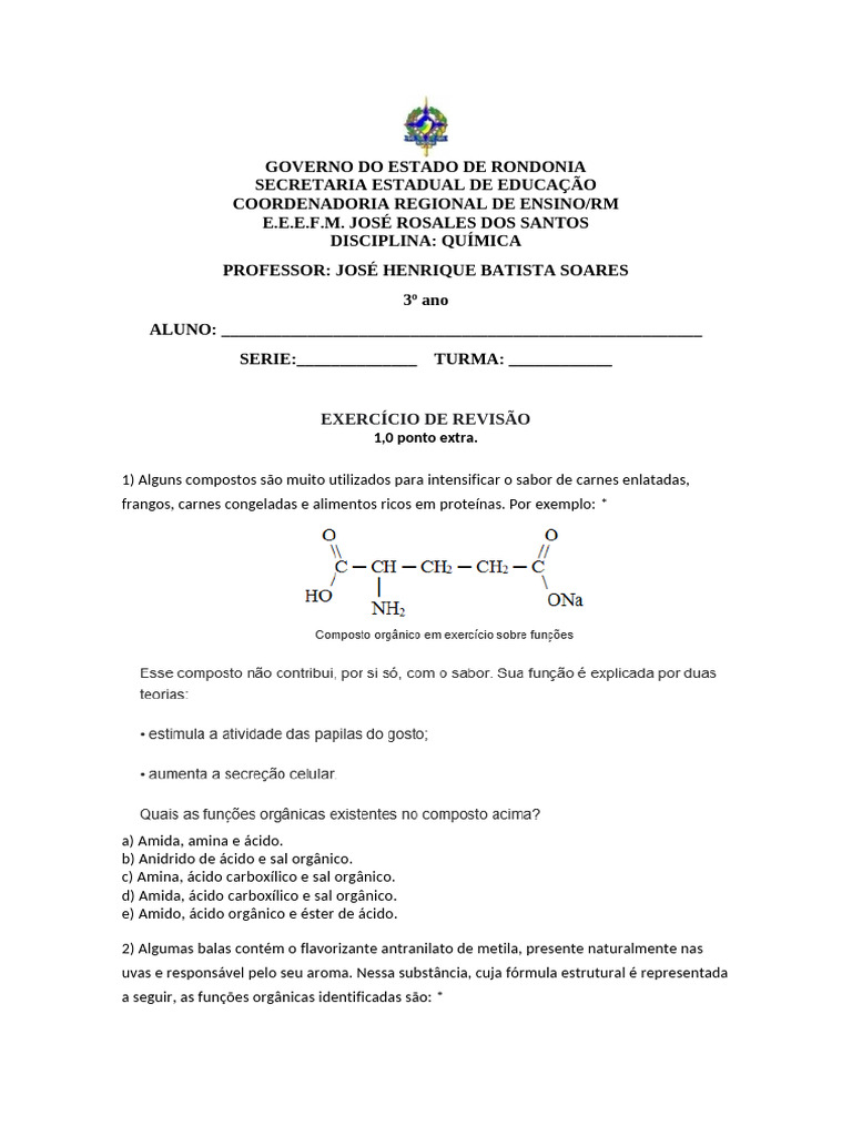 EXERCÍCIO Extra Enviar 3º Ano Nitrogenadas | PDF | Amina | Éster