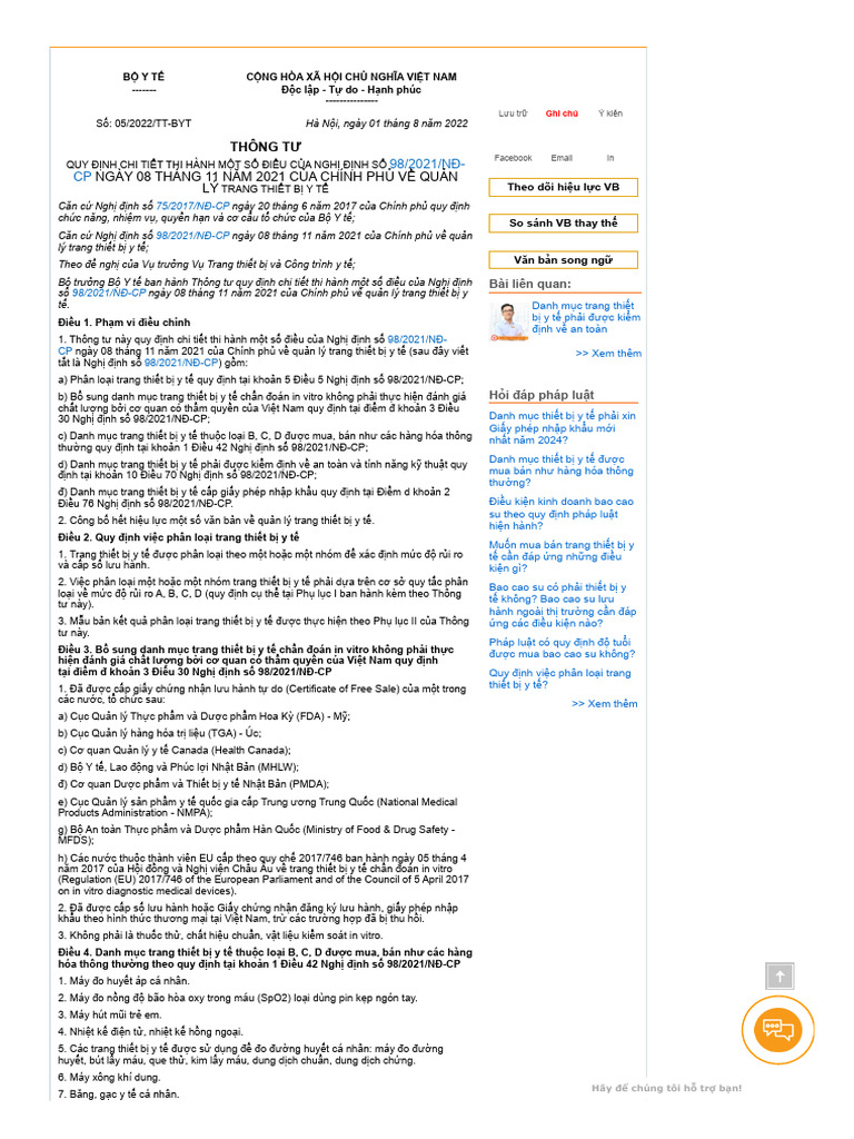Thông tư 05 - 2022 - TT-BYT hướng dẫn Nghị định 98 - 2021 - NĐ-CP quản lý thiết bị y tế mới nhất ...