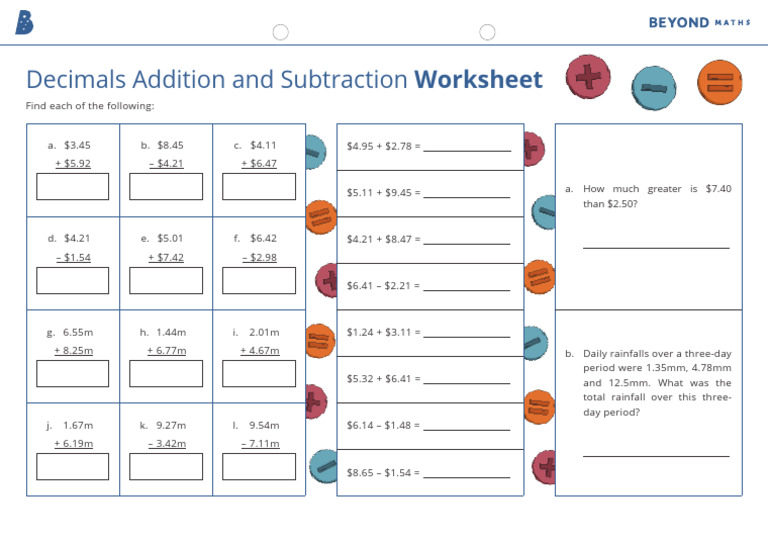 Decimals Addition and Subtraction - Worksheet | PDF