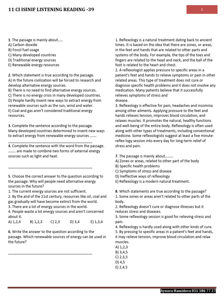 CI Listening & Reading Practice Test | PDF | Reflexology | Diseases And ...