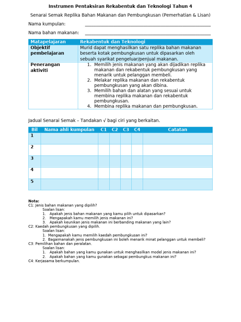 Instrumen Pentaksiran Rekabentuk Dan Teknologi Tahun 4 | PDF