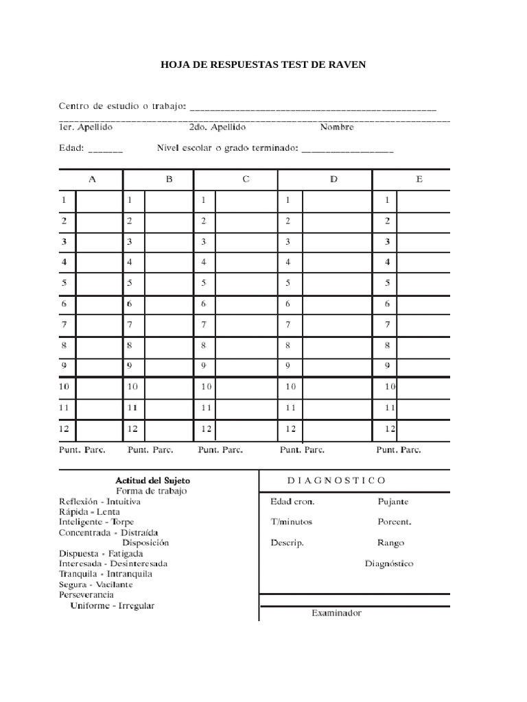 Hoja de Respuestas Test de Raven | PDF